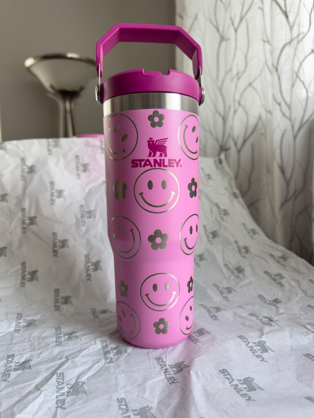 Stanley Peony Pink Quencher: Laser Engraved Smiley Face Tumbler (30oz ...