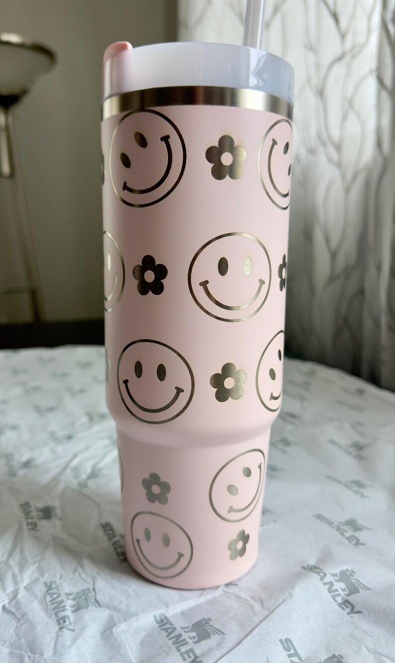 Stanley Smiley Face 30oz Pink Bloom Custom Laser Engraved Authentic ...
