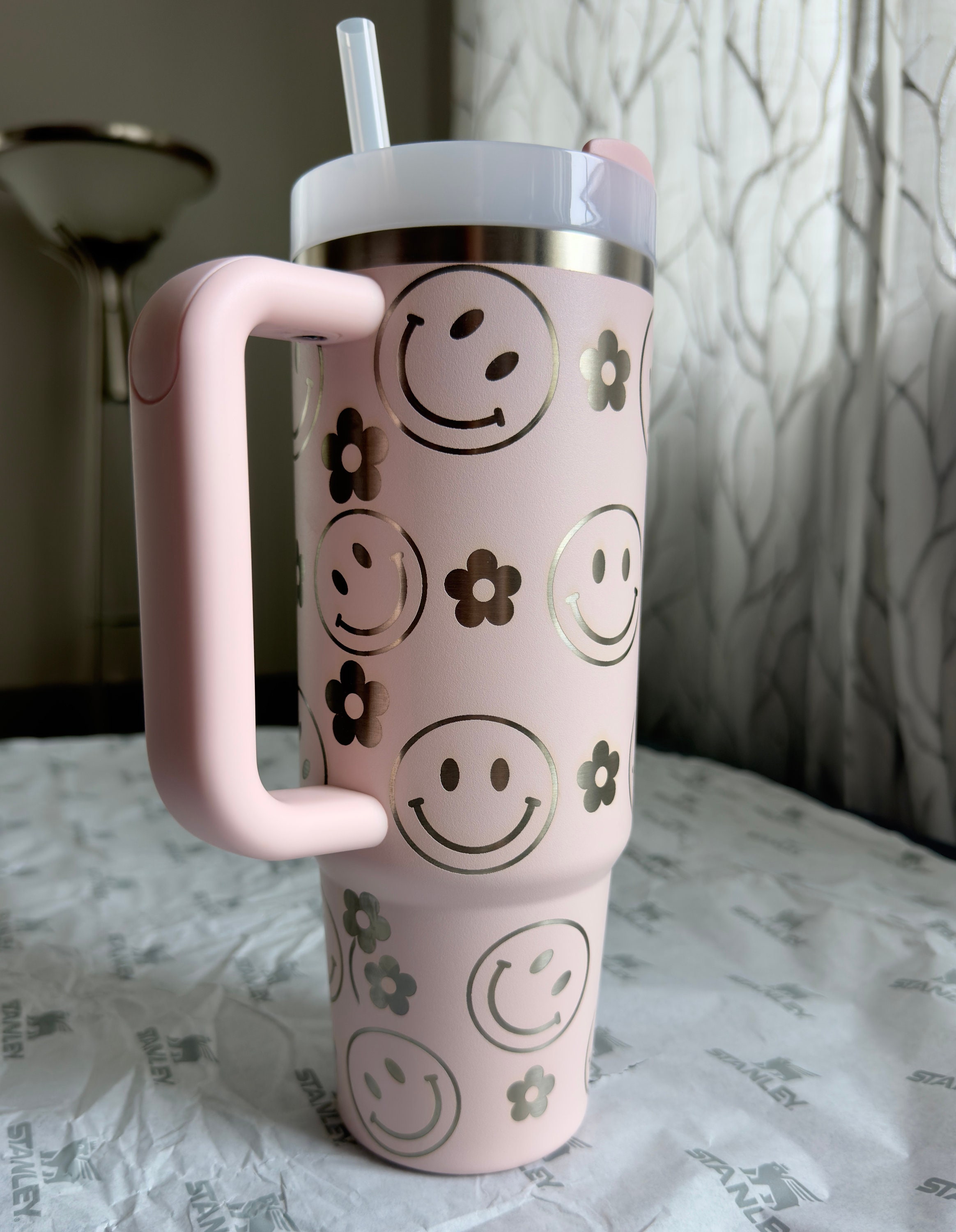 Stanley Smiley Face 30oz Pink Bloom Custom Laser Engraved Authentic ...