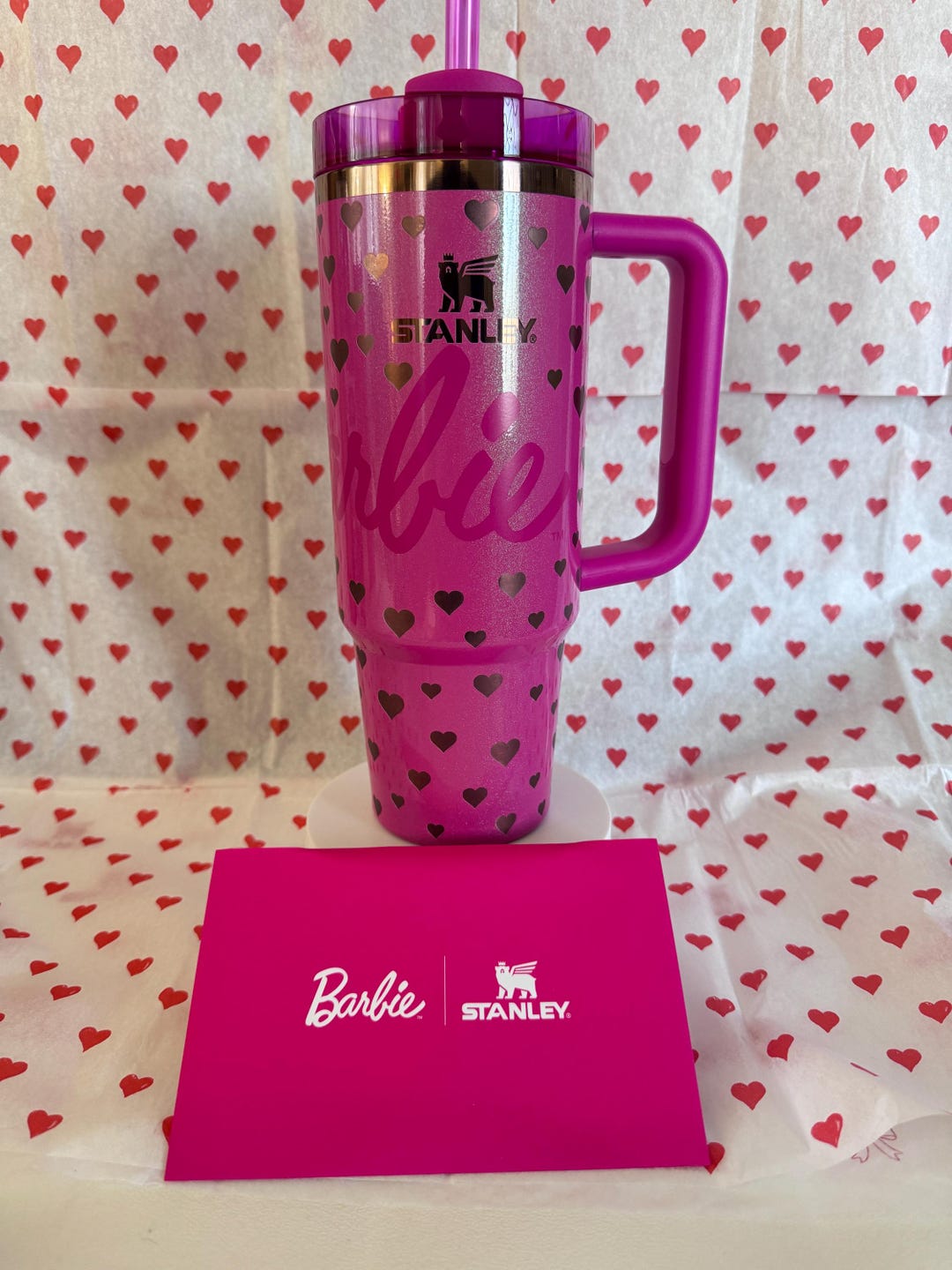 Stanley Pink Barbie Icon Hearts Love Tumbler 30oz Custom Laser Engraved ...