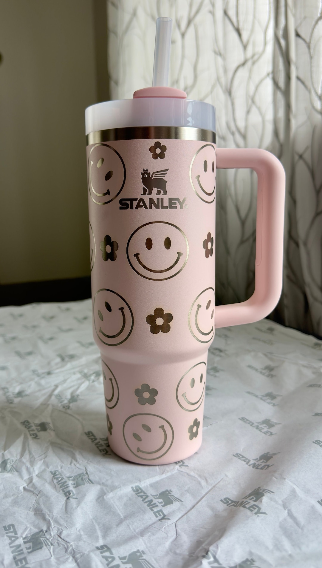 Stanley Smiley Face 30oz Pink Bloom Custom Laser Engraved Authentic ...