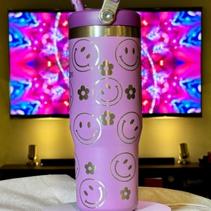 Smiley Face Stanley Flip Straw Lavender Lilac Purple Custom Laser ...
