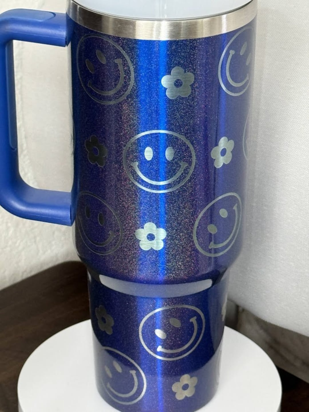 Smiley Face 40oz Tumbler: Laser Engraved Glitter Blue Cup - Etsy