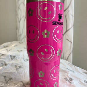 Stanley Hot Neon Pink Smiley Face Flip Straw Cute Laser Engraved ...