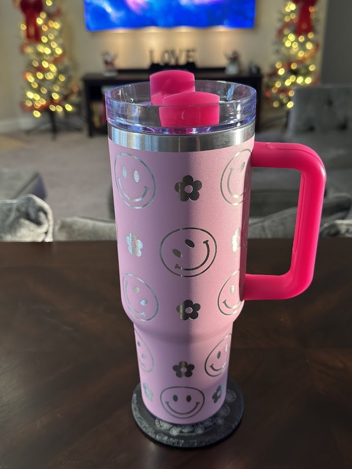 Smiley Face Tumbler Flamingo Pink Hot Pink Custom Tumbler 40 Oz Preppy ...
