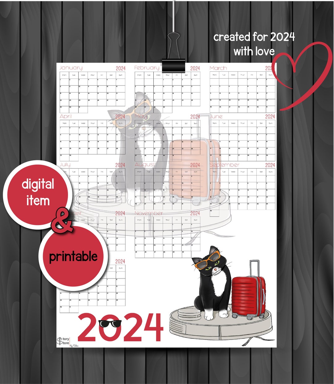2024 Digital Printable Yearly 2024 Calendar,illustrated Cute Cat ...