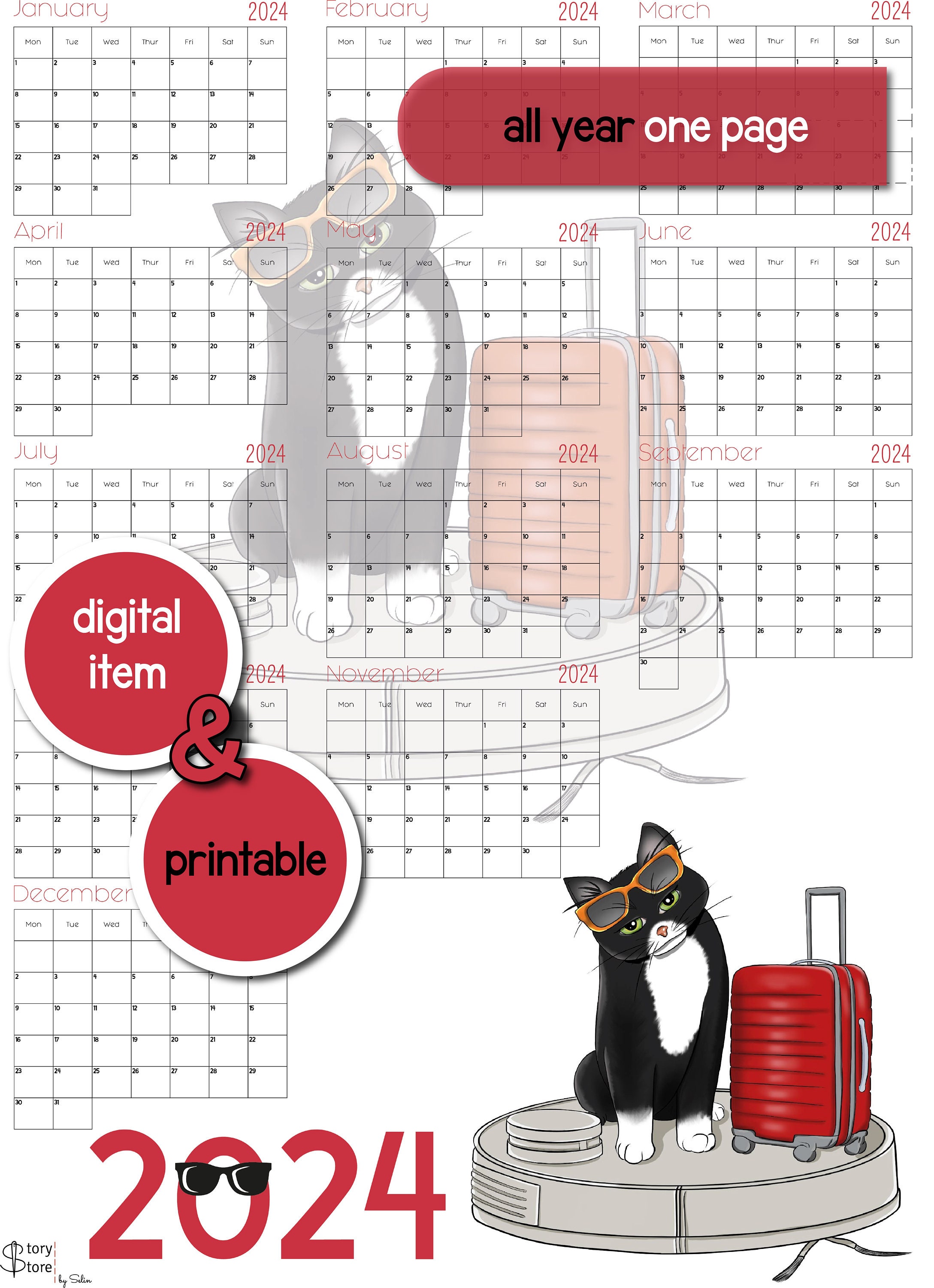2024 Digital Printable Yearly 2024 Calendar,illustrated Cute Cat ...