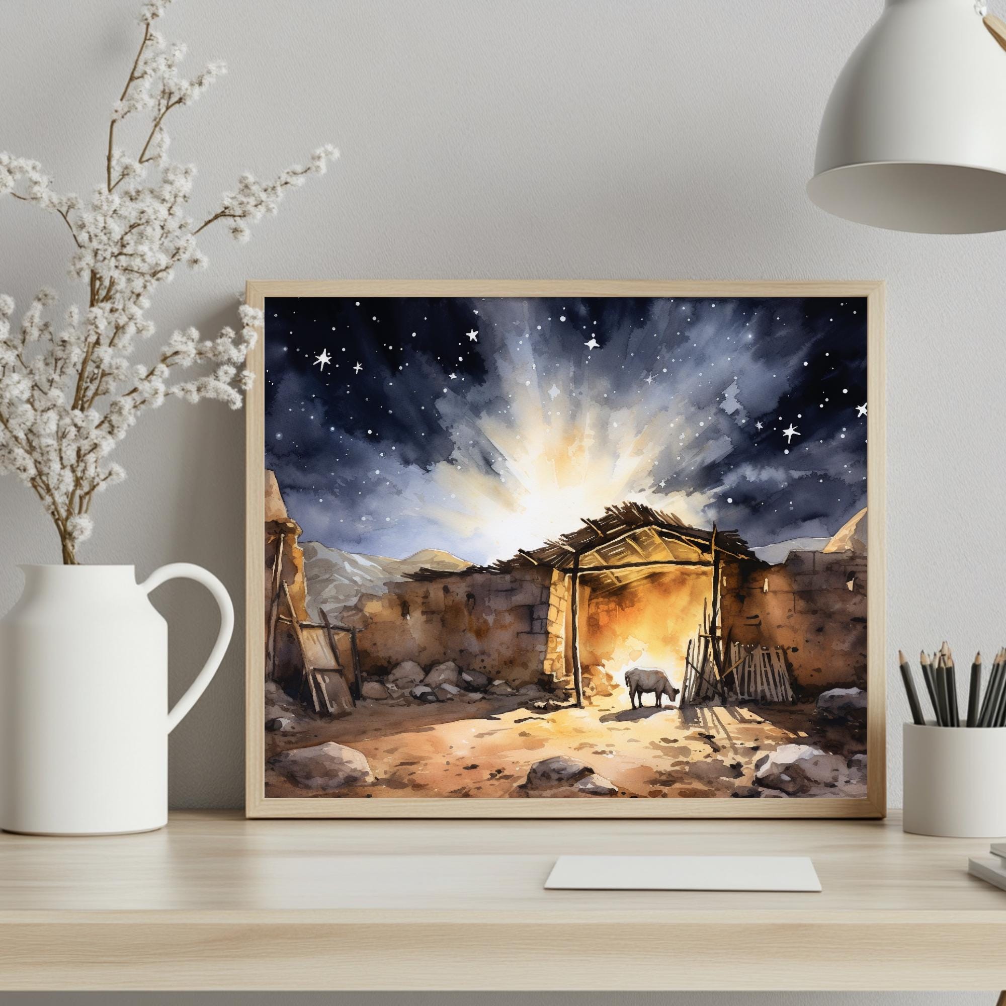 O Holy Night Painting: Watercolor Nativity Scene, Christian Christmas ...