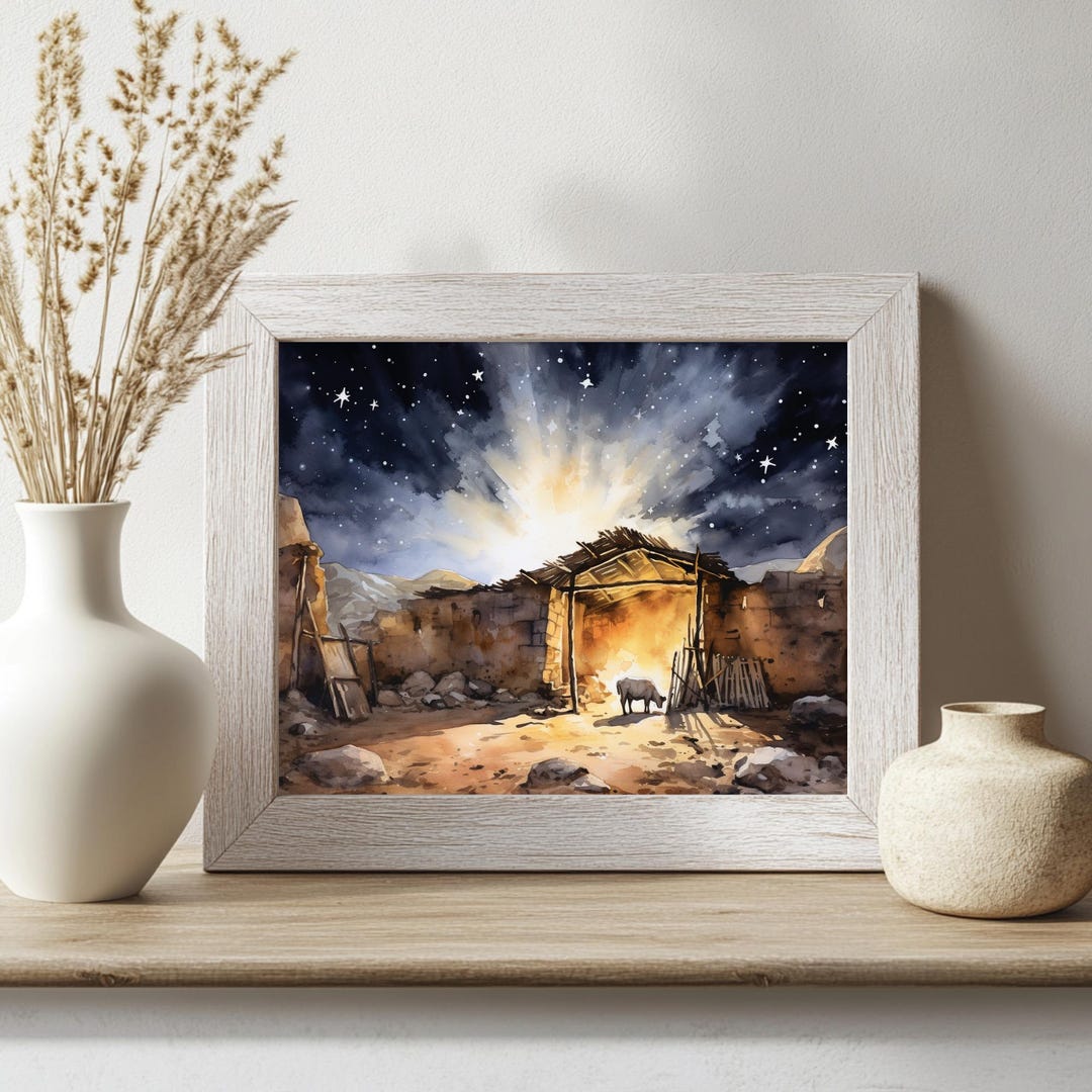 O Holy Night Painting: Watercolor Nativity Scene, Christian Christmas ...