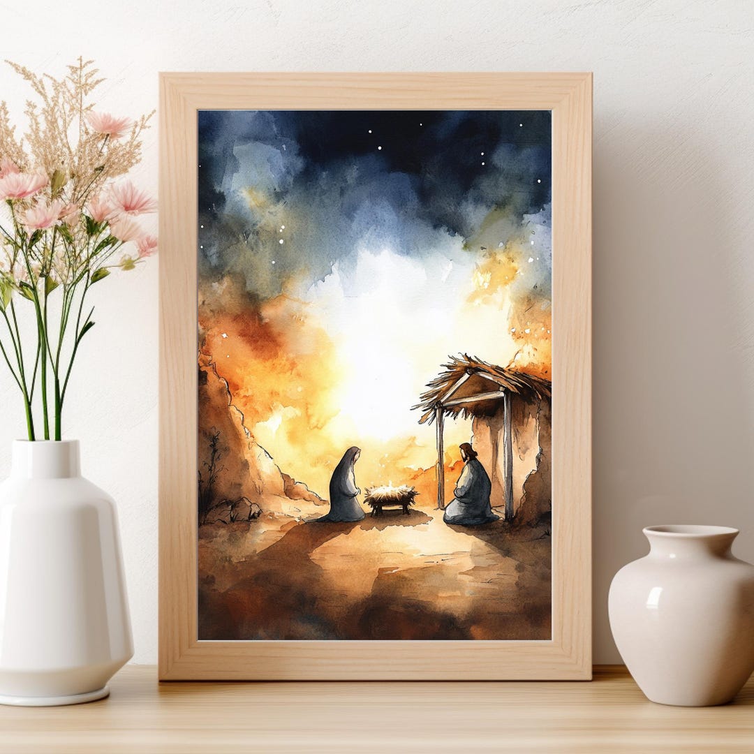 Nativity Scene Watercolor Print: Mary, Joseph, and Baby Jesus (digital ...