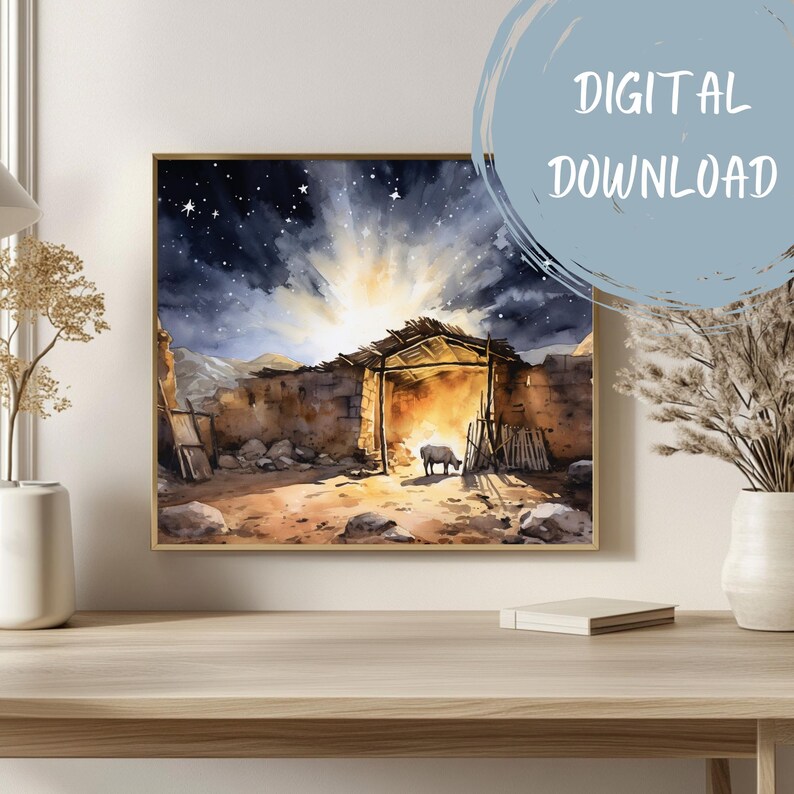 O Holy Night Painting: Watercolor Nativity Scene, Christian Christmas ...