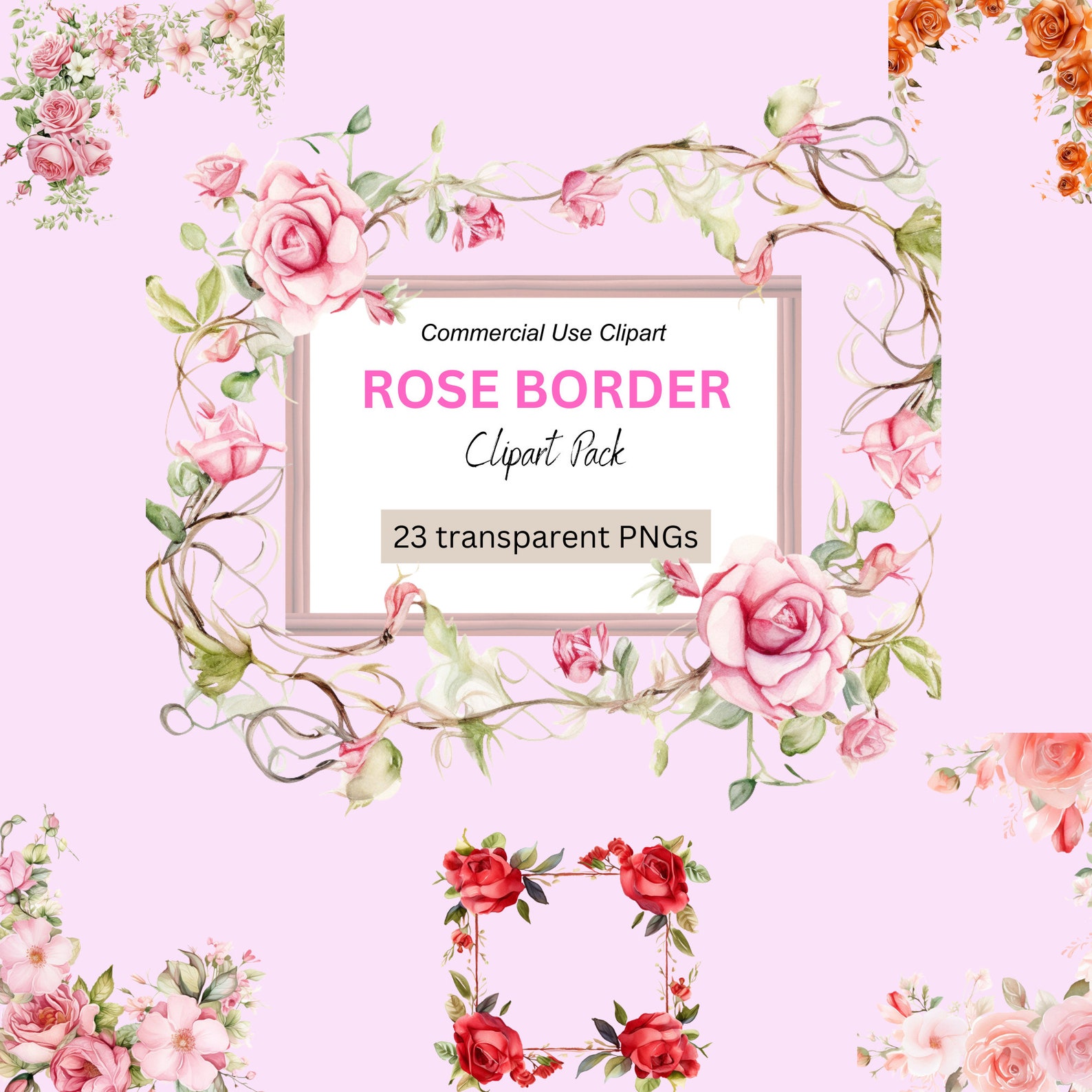Rose Border Frame PNG Clipart - Etsy
