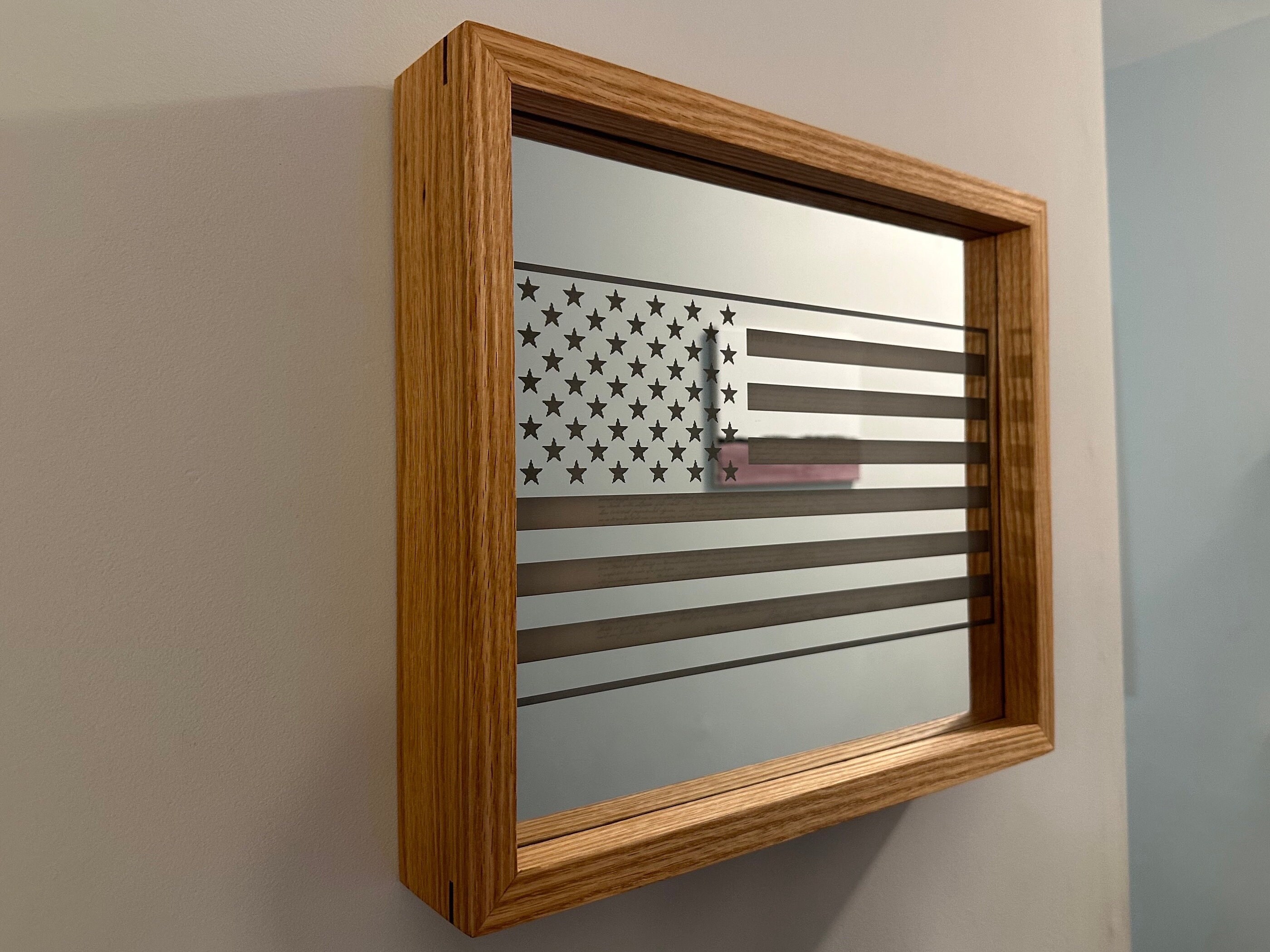 American Flag Etched Mirror: Solid Oak Frame With 16 Color LED Options ...