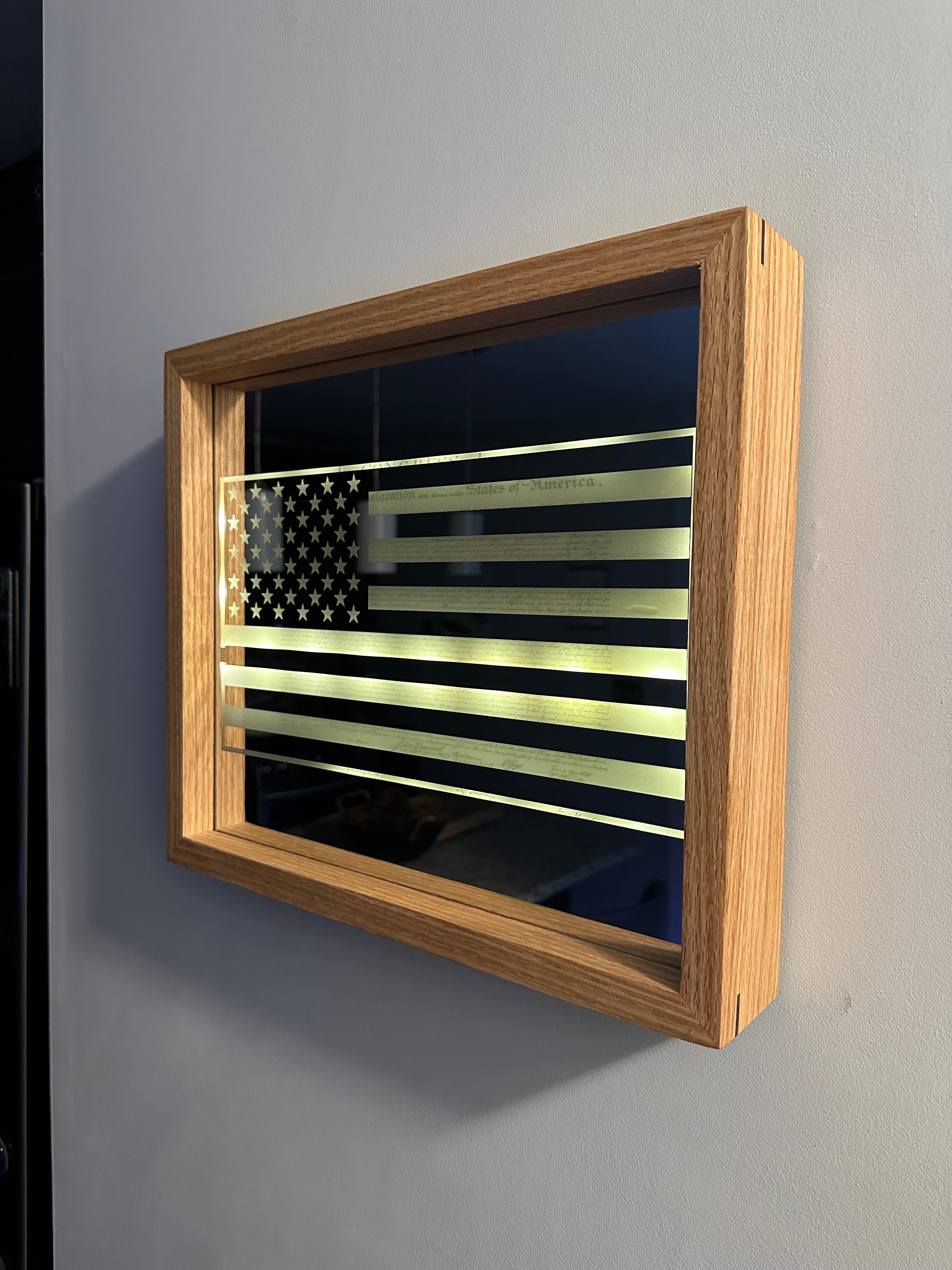 American Flag Etched Mirror: Solid Oak Frame With 16 Color LED Options ...