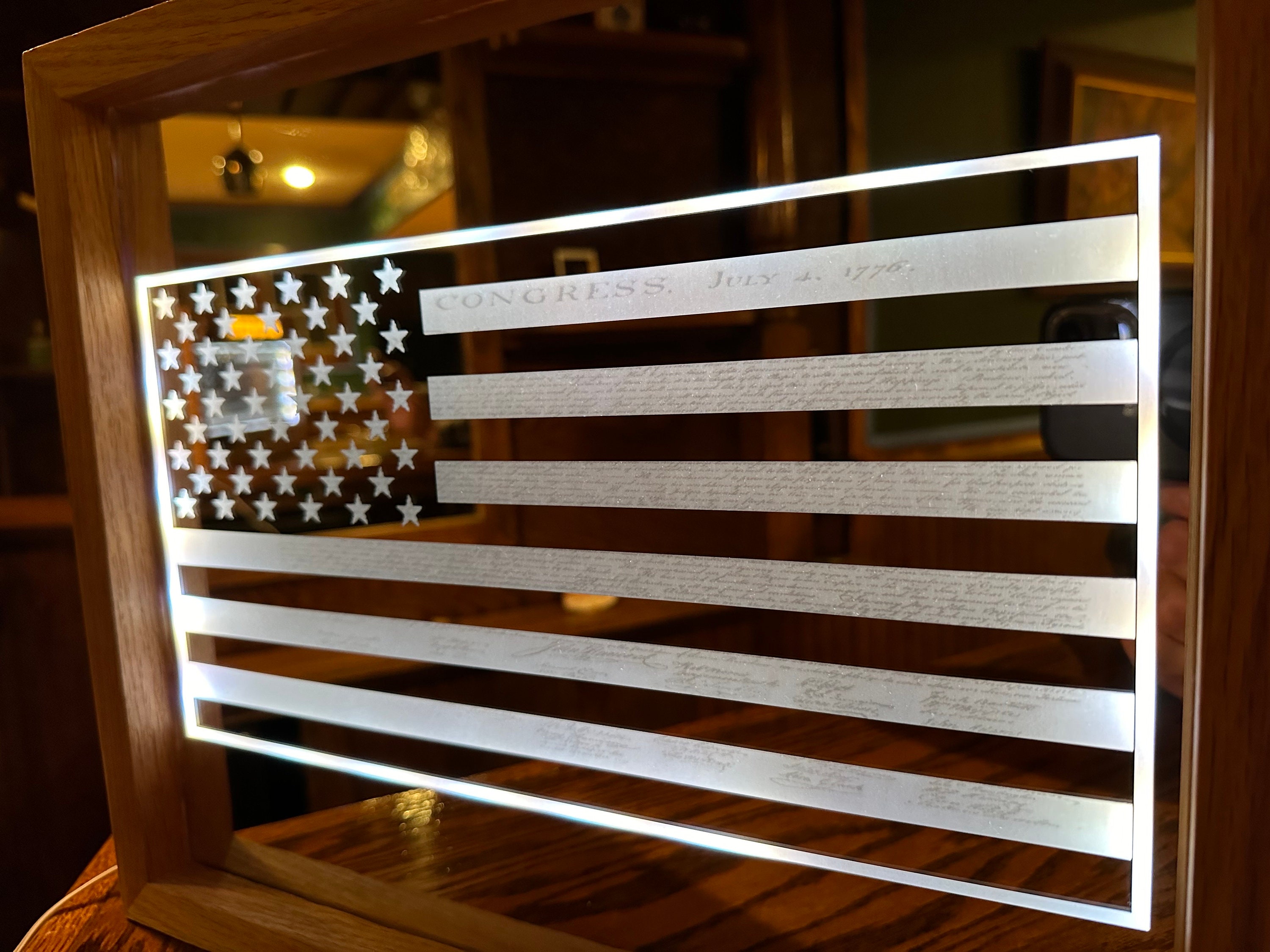 American Flag Etched Mirror: Solid Oak Frame With 16 Color LED Options ...