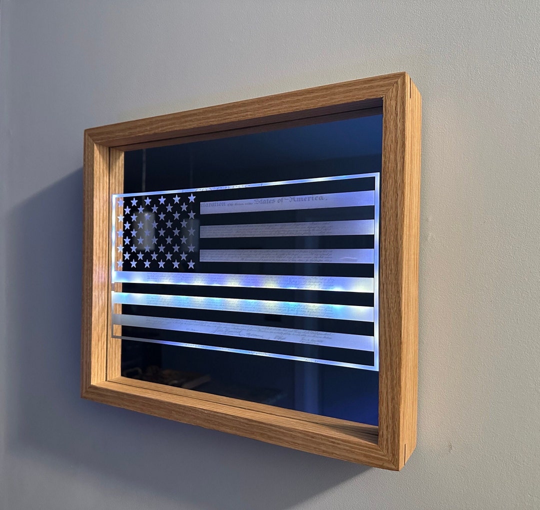 American Flag Etched Mirror: Solid Oak Frame With 16 Color LED Options ...