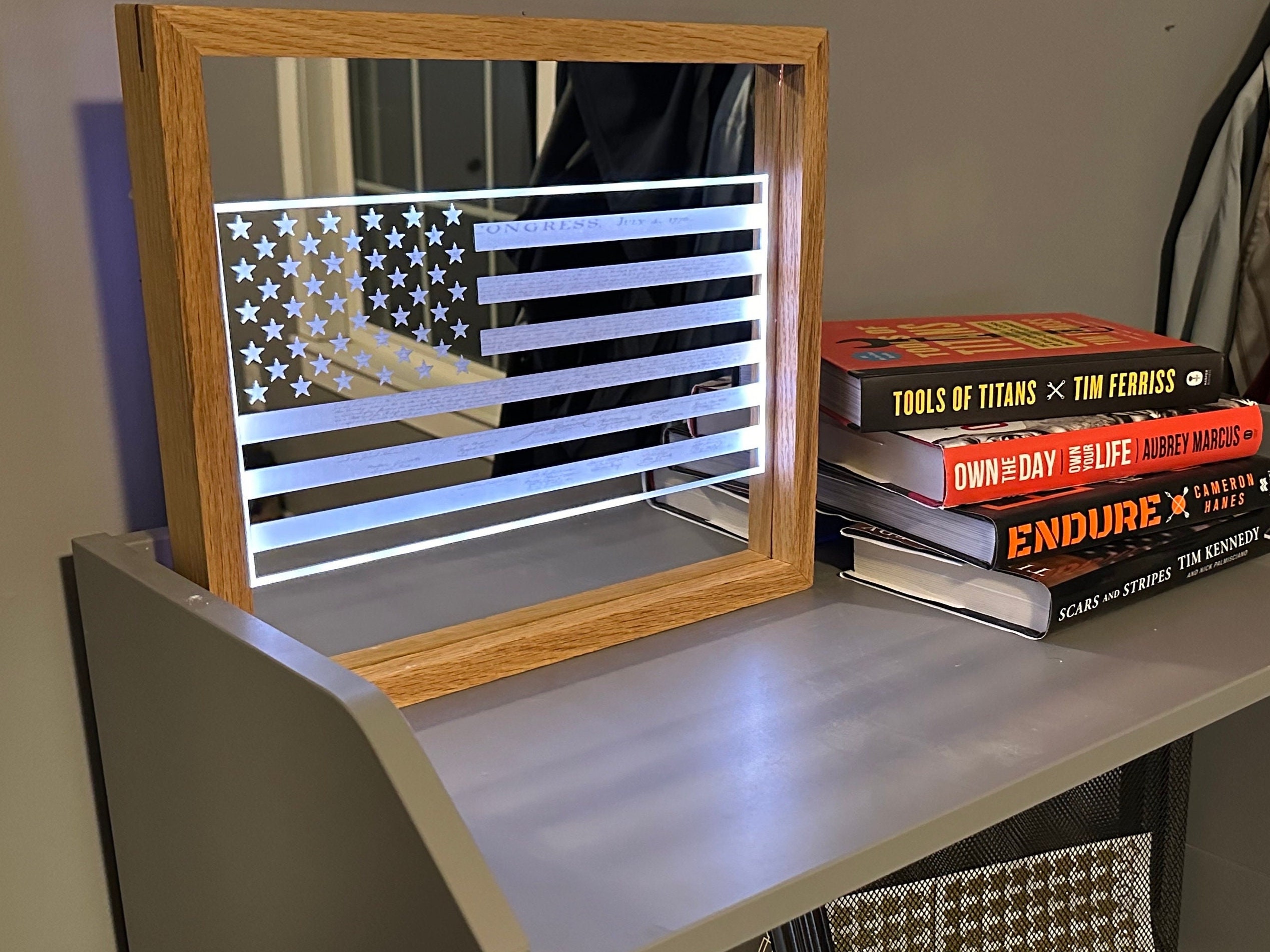 American Flag Etched Mirror: Solid Oak Frame With 16 Color LED Options ...