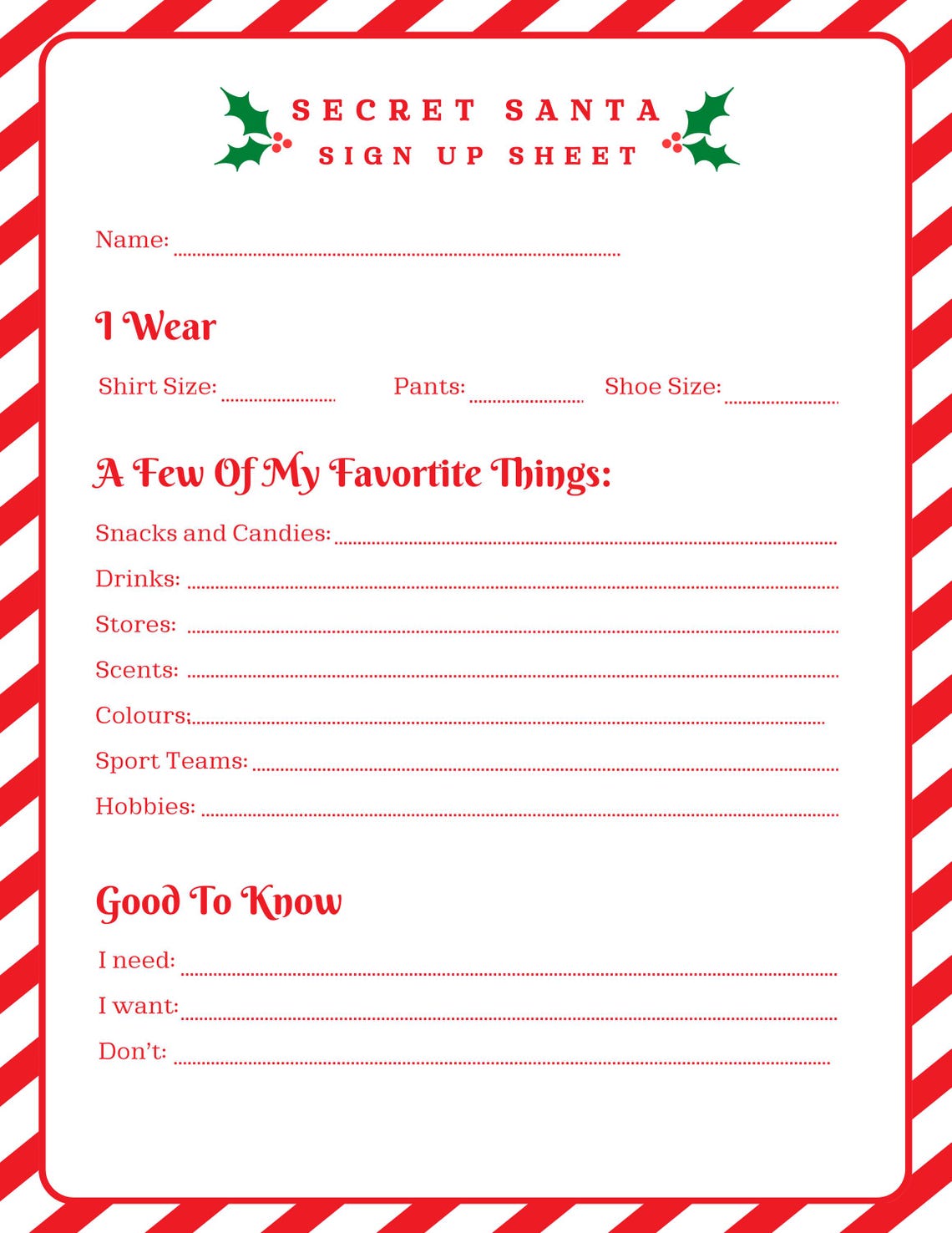 Secret Santa Sign-up Sheet | Christmas Wishlist (printable) - Etsy