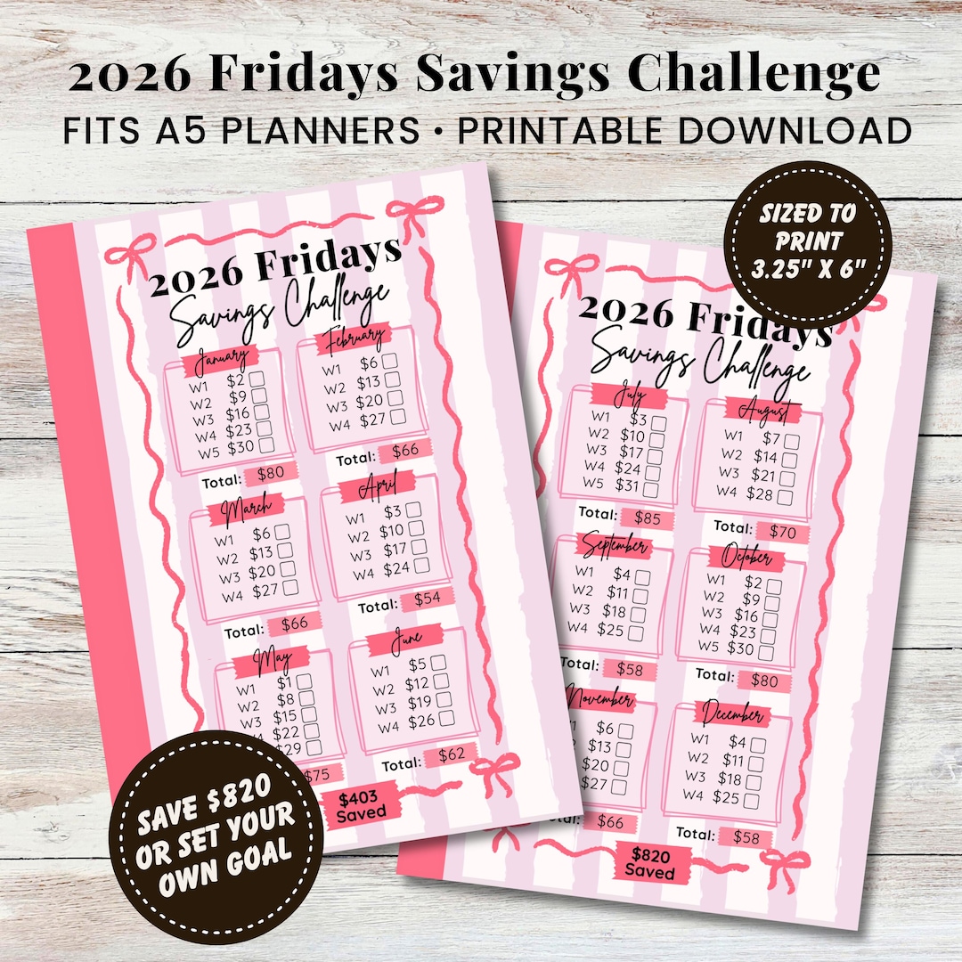 Save Every Friday 2026 Friday Savings Challenge Printable | A5 Savings ...
