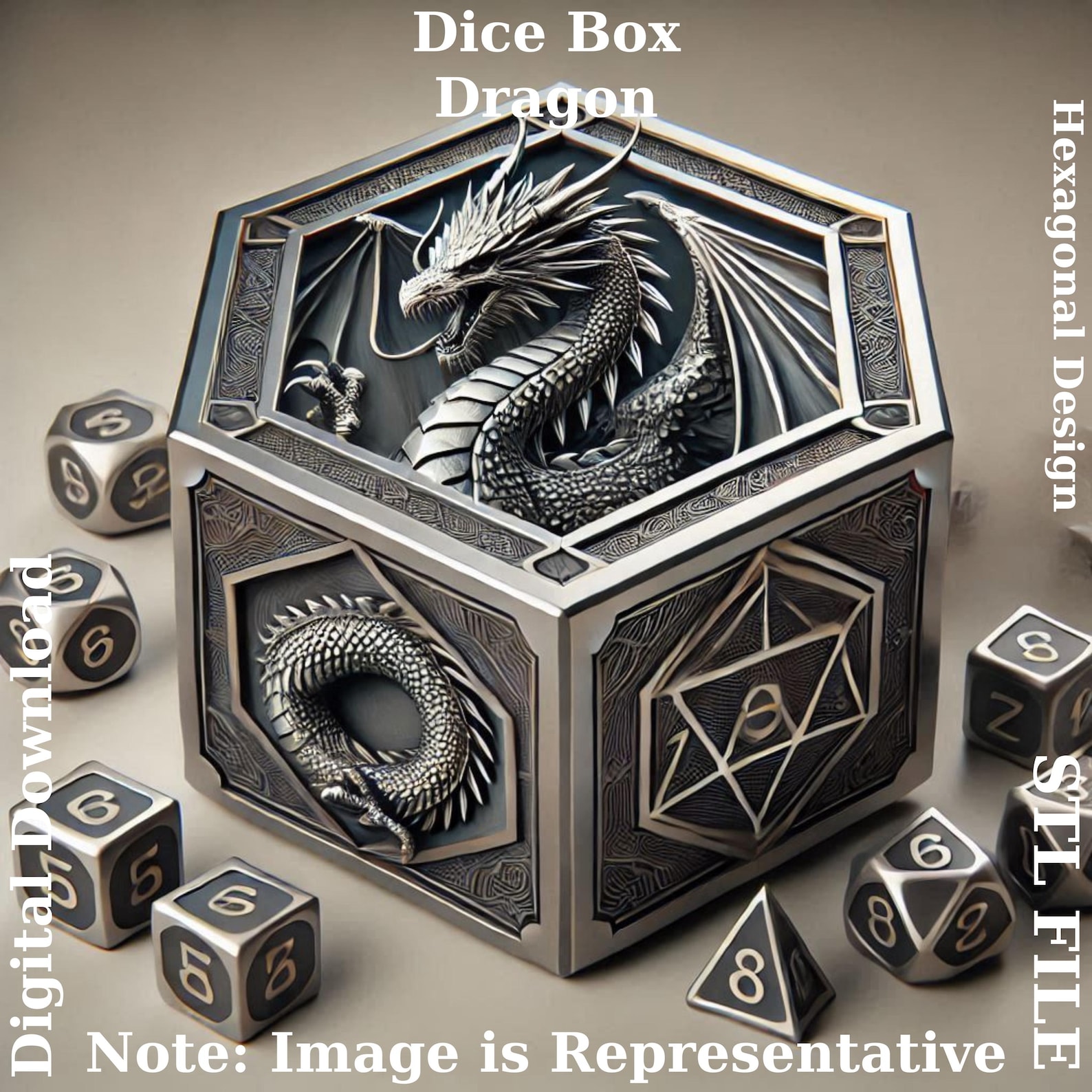 Dragon Hexagonal Dice Box STL File for 3D Print - Dragon Design Dice ...
