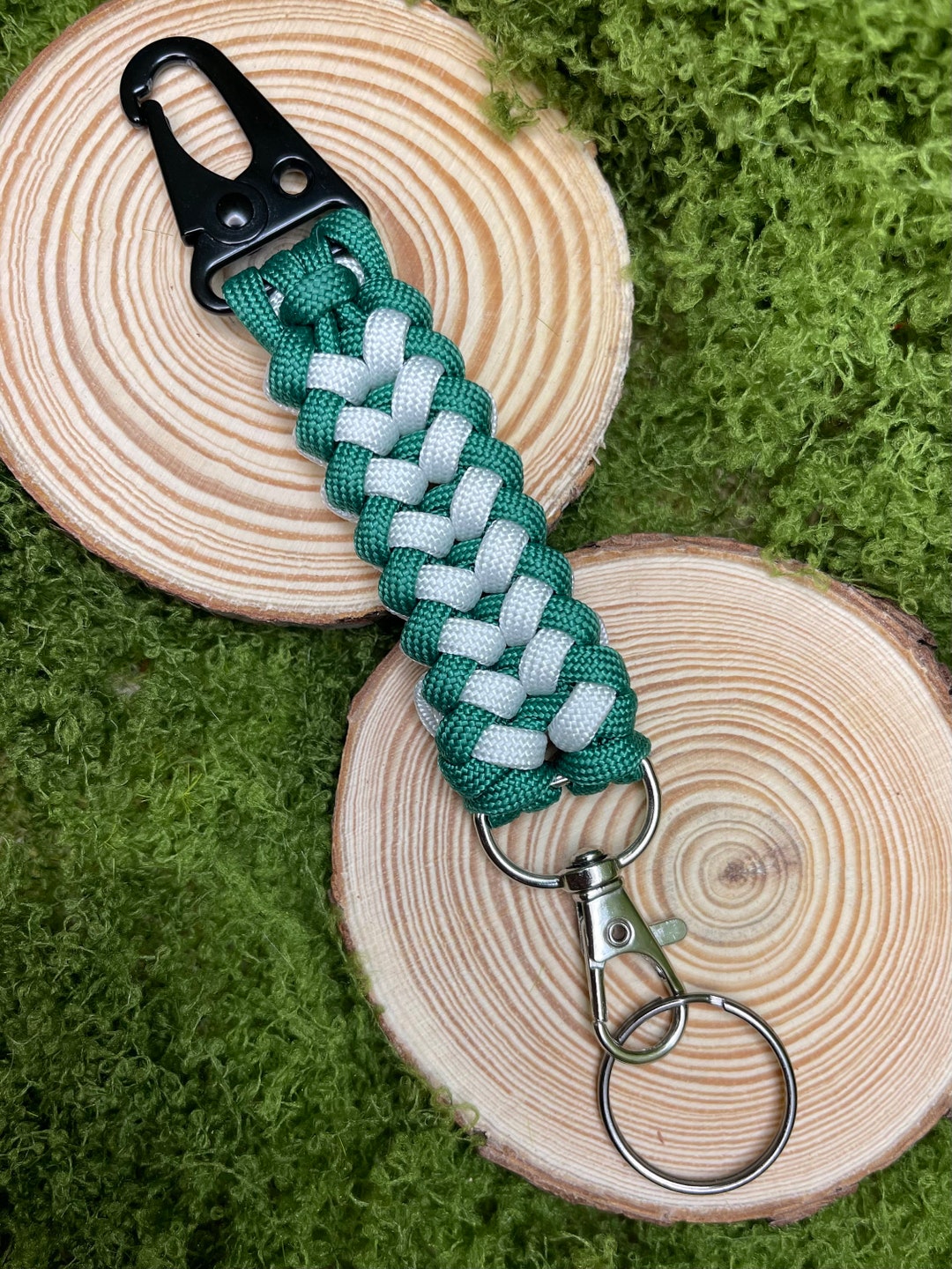 Paracord Keychain Split Ring and Claws - Green and White - Etsy