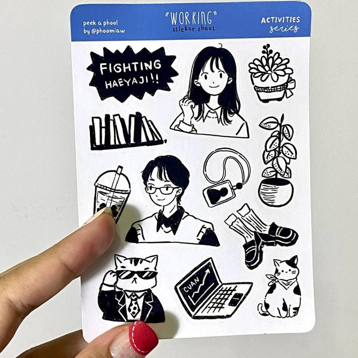 Employee Daily Activity Sticker Sheet, Monochrome Line Art Aesthetic ...