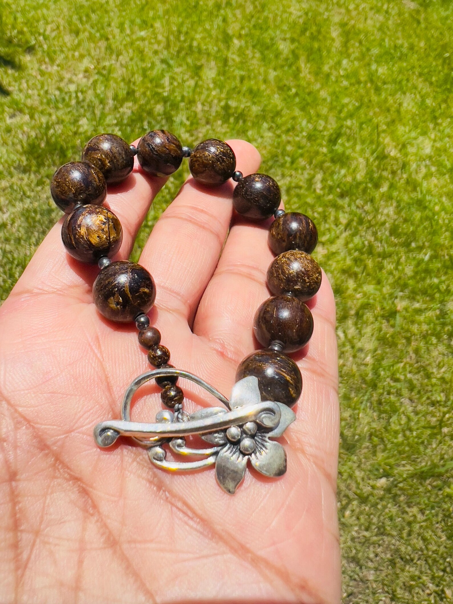 Retired Silpada Sterling Silver Bronzite Beaded Floral Toggle Bracelet ...