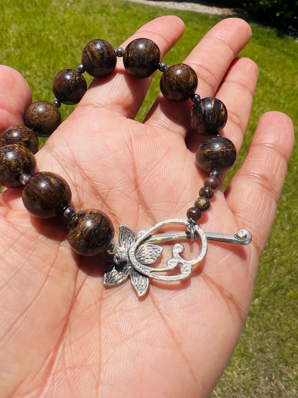 Retired Silpada Sterling Silver Bronzite Beaded Floral Toggle Bracelet ...