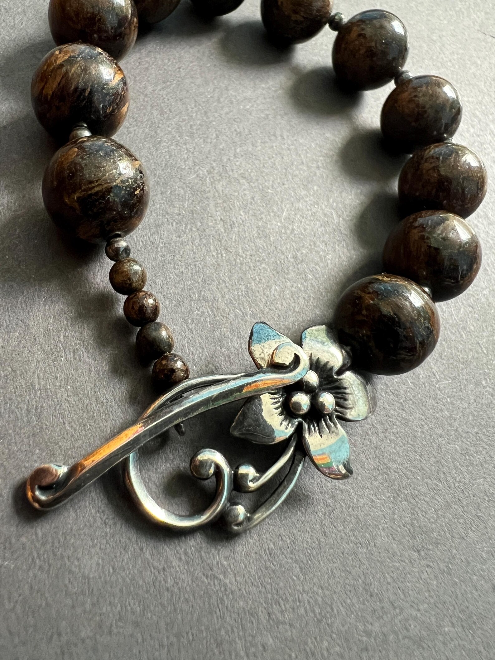 Retired Silpada Sterling Silver Bronzite Beaded Floral Toggle Bracelet ...