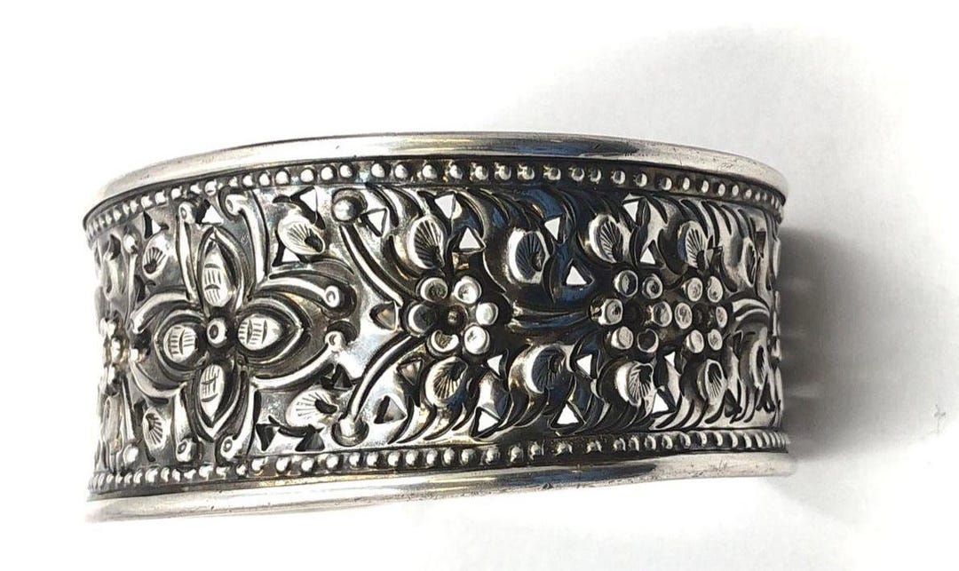 Vintage Repousse Sterling Silver Cuff Bracelet: Wide Floral Byzantine ...