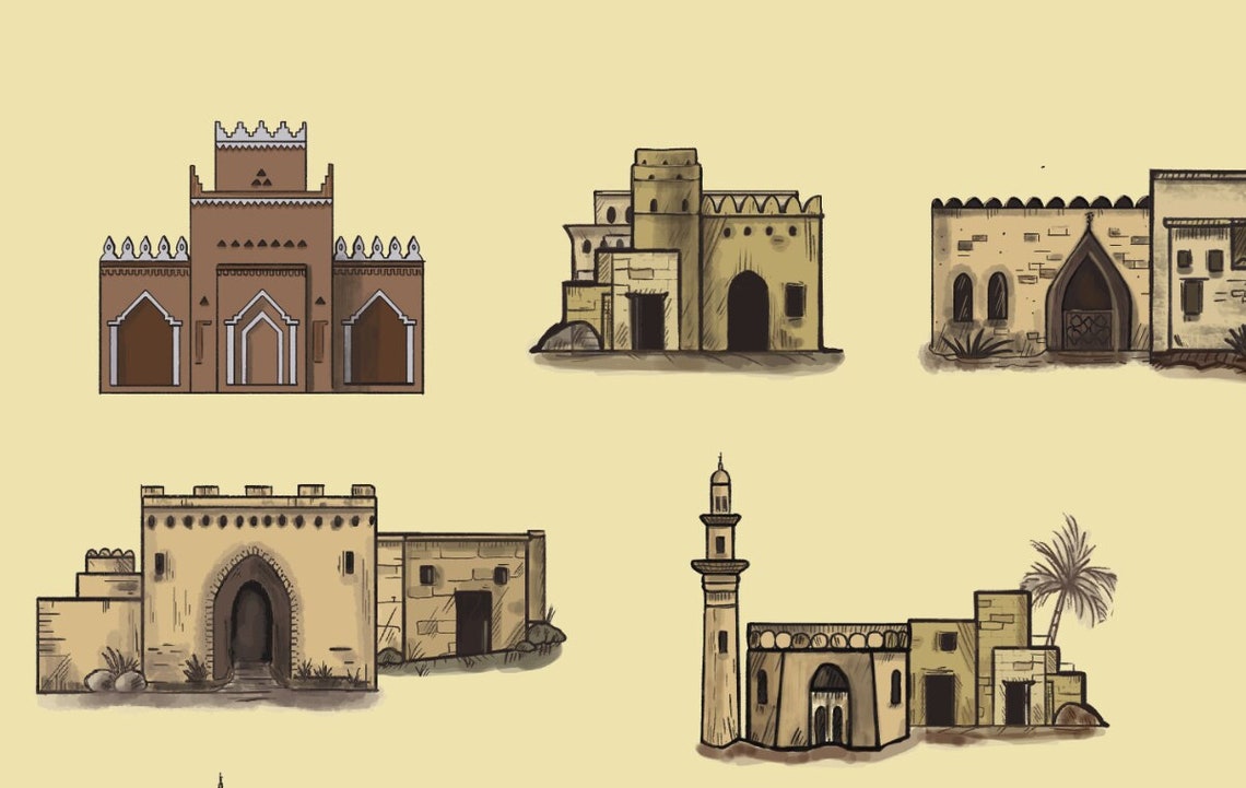 Medieval, Middle East Arabic Najd Architecture Icons Set for the ...