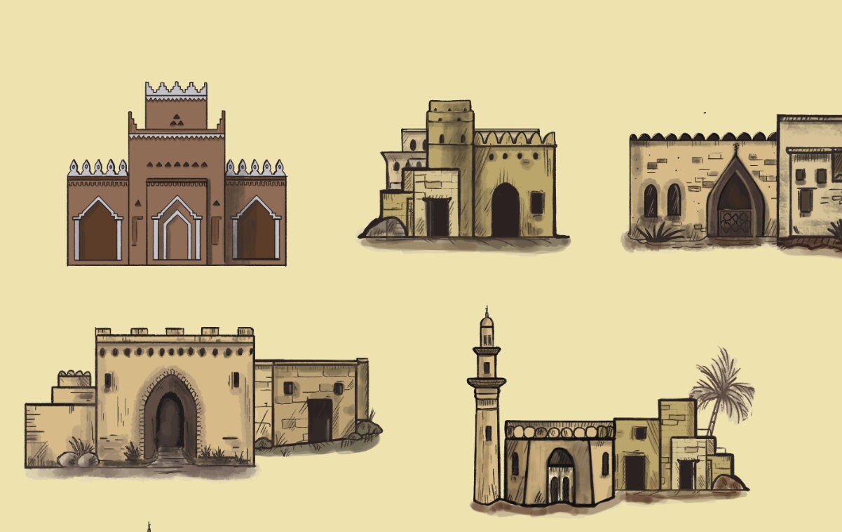 Medieval, Middle East Arabic Najd Architecture Icons Set for the ...