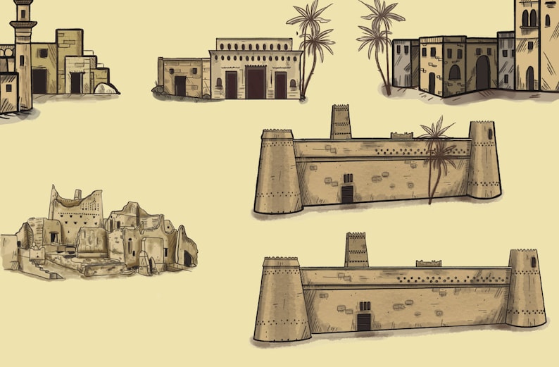 Medieval, Middle East Arabic Najd Architecture Icons Set for the ...