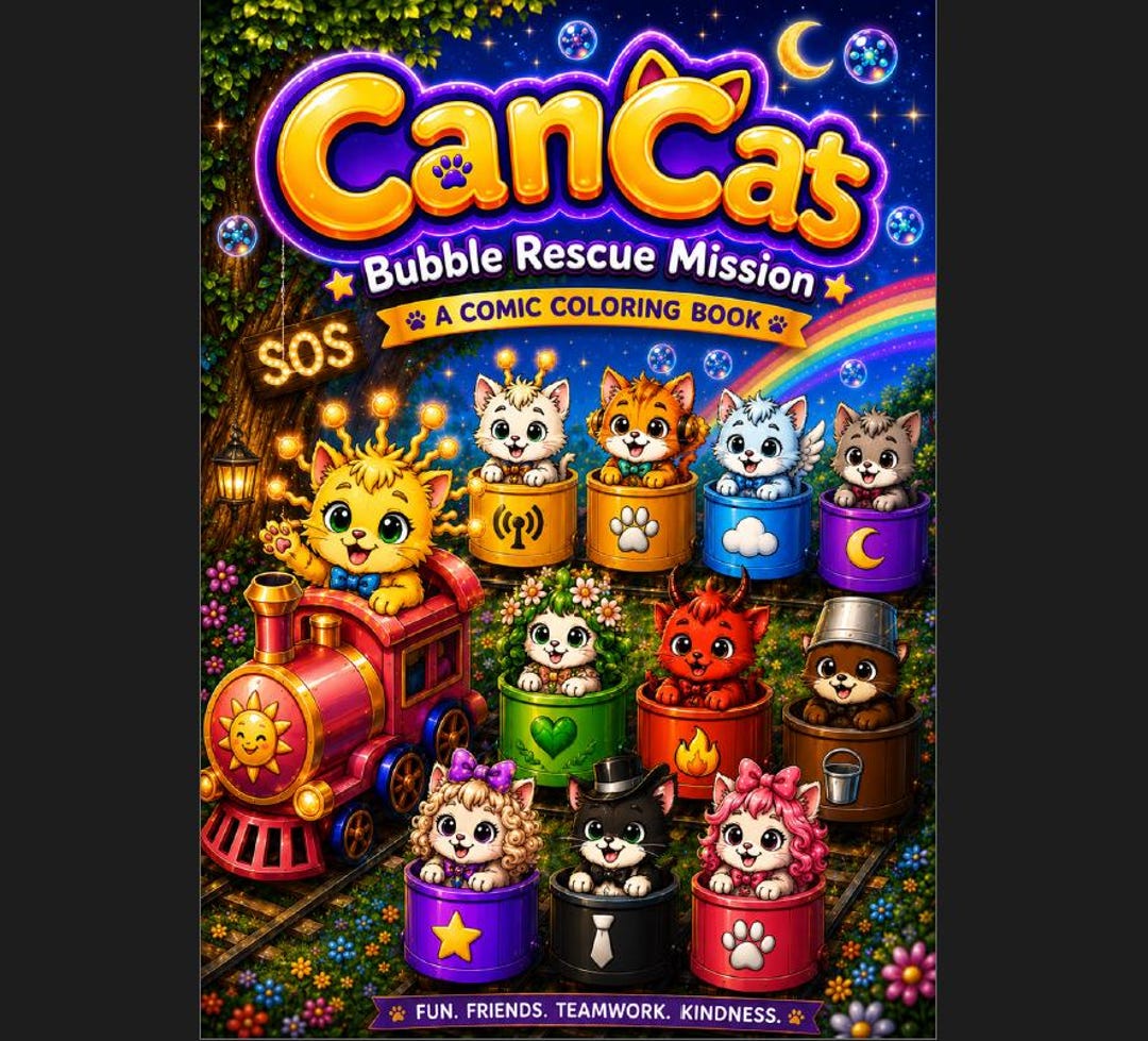Kawaii Kitten Train Coloring Page and Comics, Bubble Rescue Mission, A4 ...