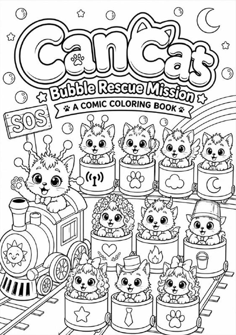 Kawaii Kitten Train Coloring Page and Comics, Bubble Rescue Mission, A4 ...