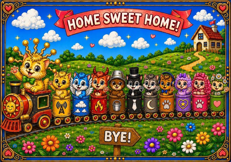 Kawaii Kitten Train Coloring Page and Comics, Bubble Rescue Mission, A4 ...