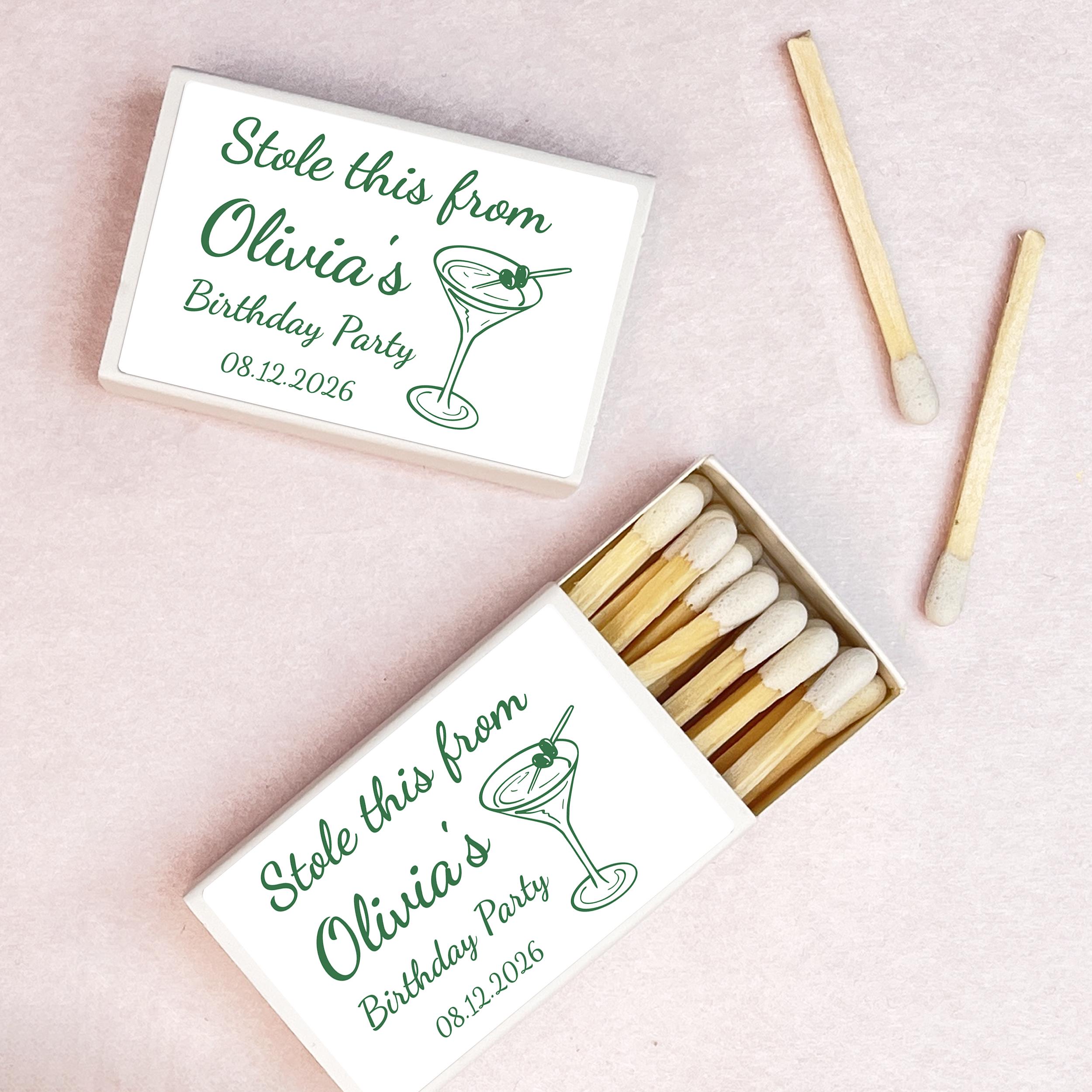 Personalized Martini Birthday Match Boxes, Stole This From, Custom ...