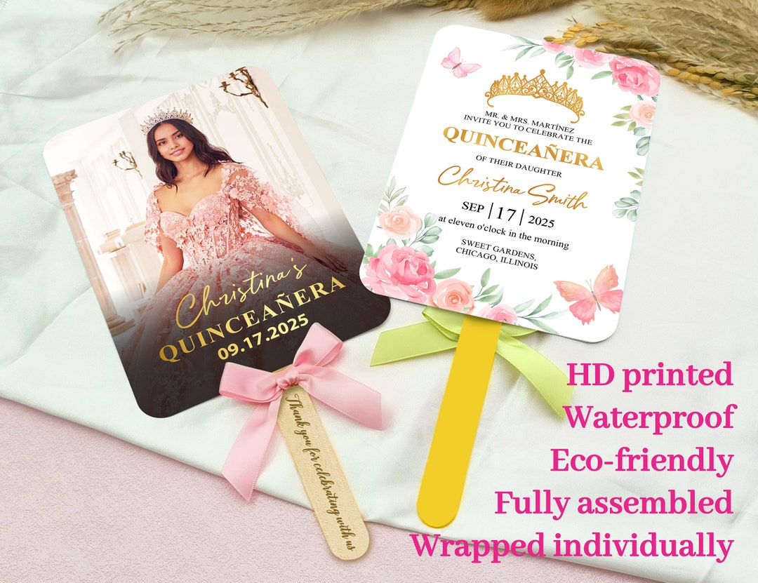 FULL-ASSEMBLED Quinceañera Favor Double-sided Photo Fans With Wooden ...