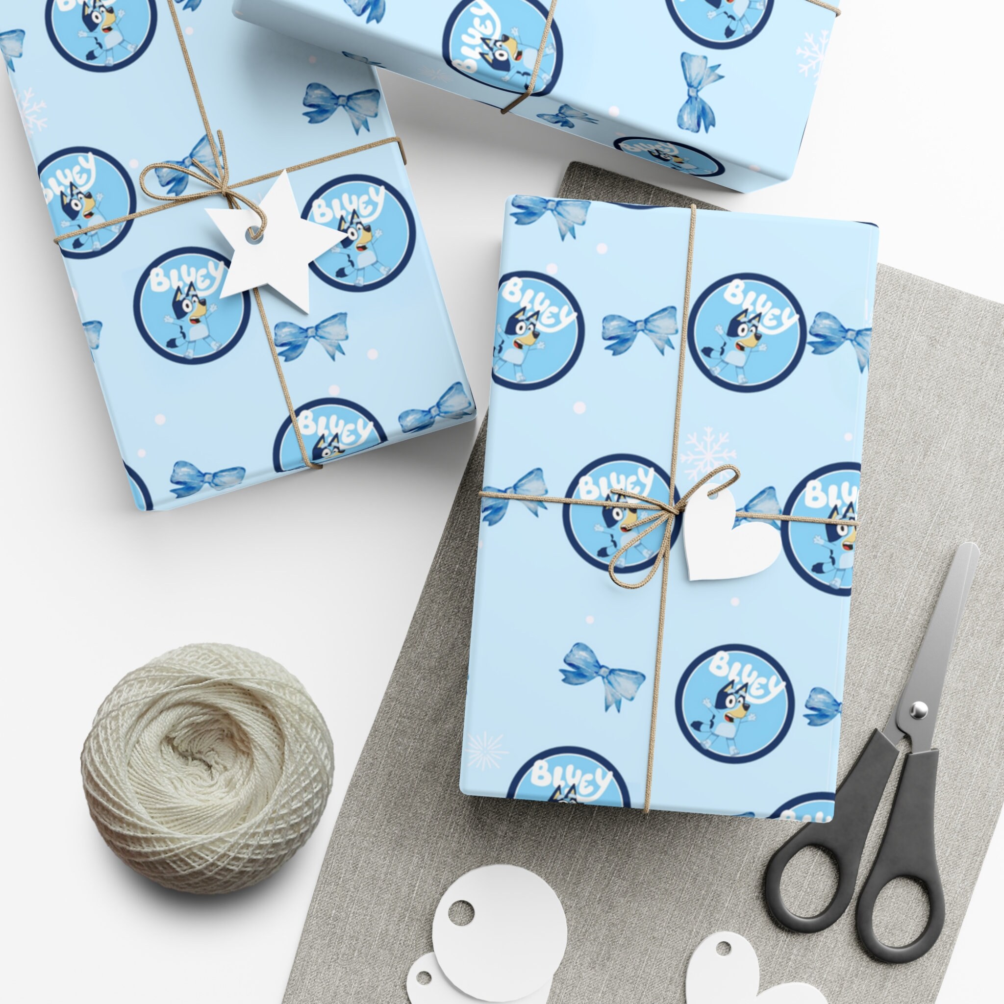 Bluey Christmas Wrapping Paper Aesthetic Fun Blue Bows Holiday Wrap ...