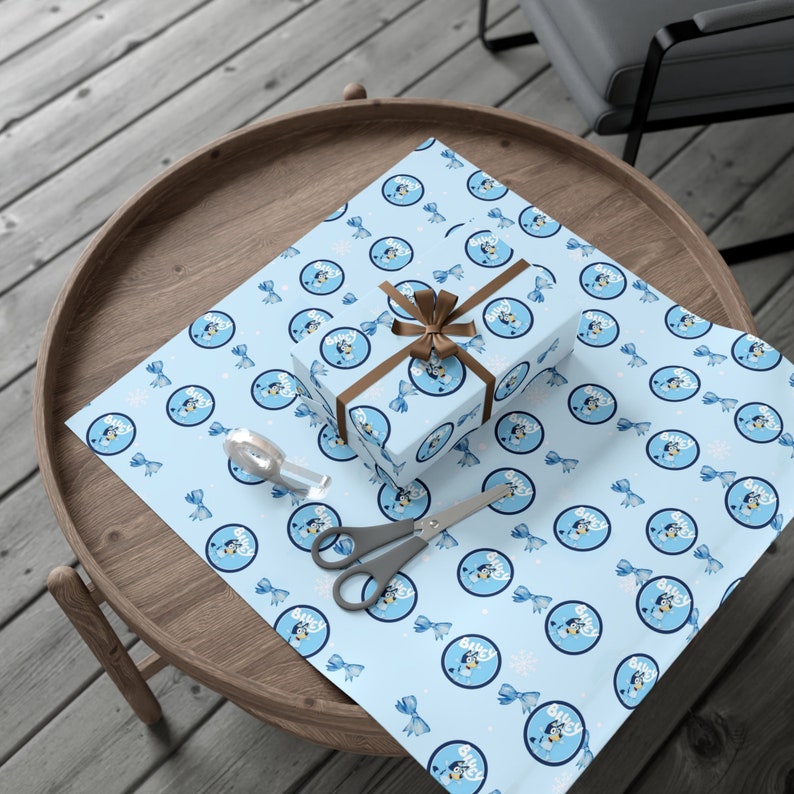 Bluey Christmas Wrapping Paper Aesthetic Fun Blue Bows Holiday Wrap ...