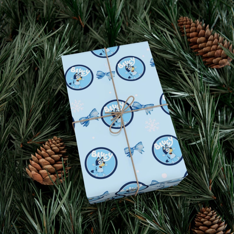 Bluey Christmas Wrapping Paper Aesthetic Fun Blue Bows Holiday Wrap ...