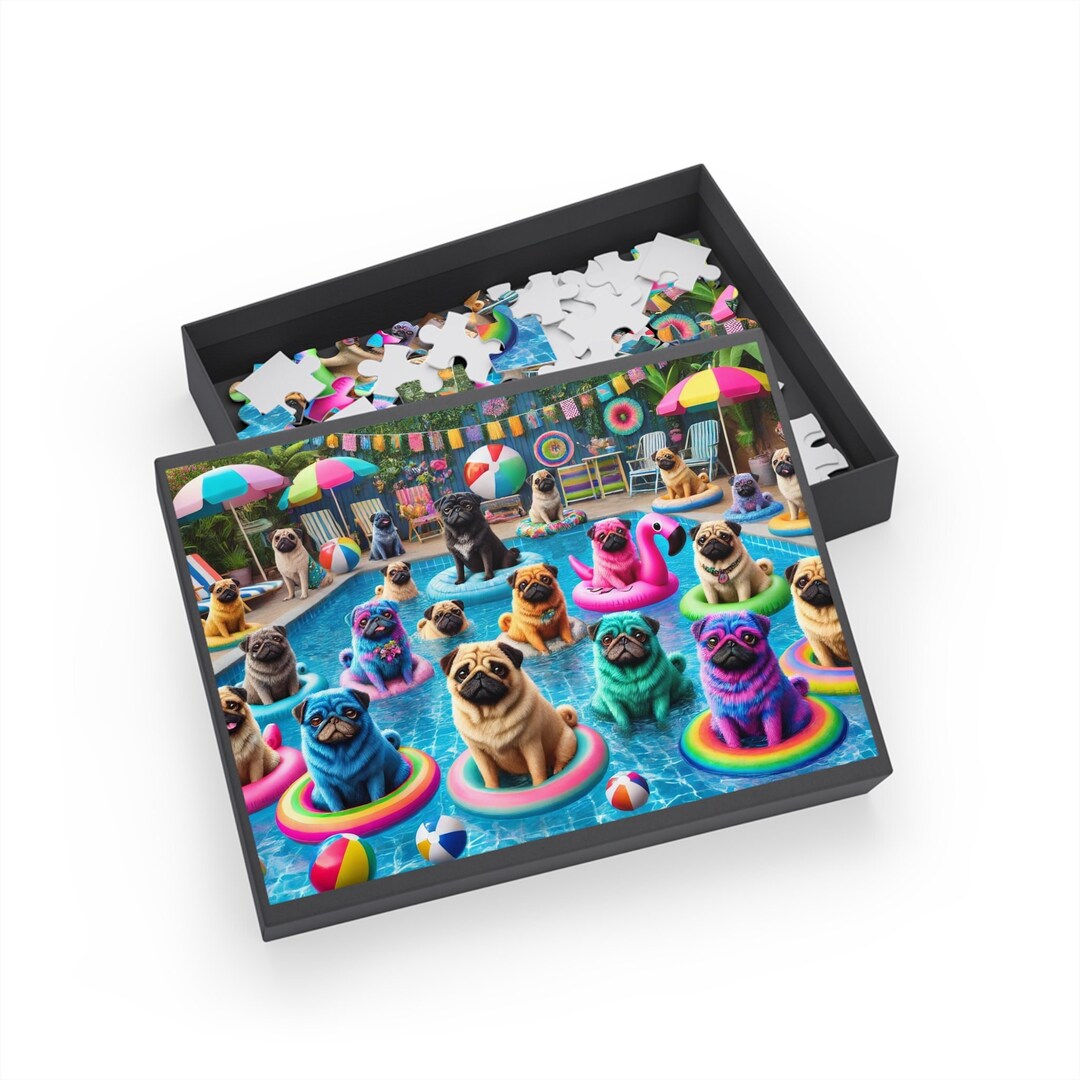 Pugnacious Pool Party Vibrant Pug-themed Jigsaw Puzzle 96, 252, 500 ...