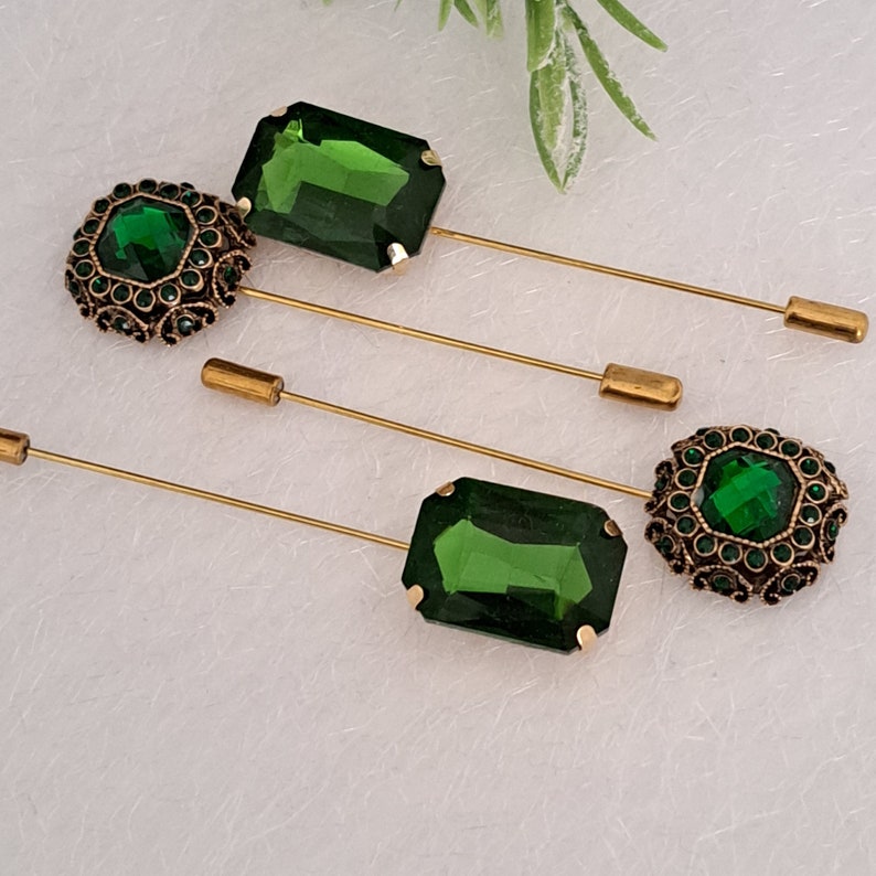 Gold Lapel Pin Stick: Emerald Rhinestone Brooch, Handmade EU - Etsy