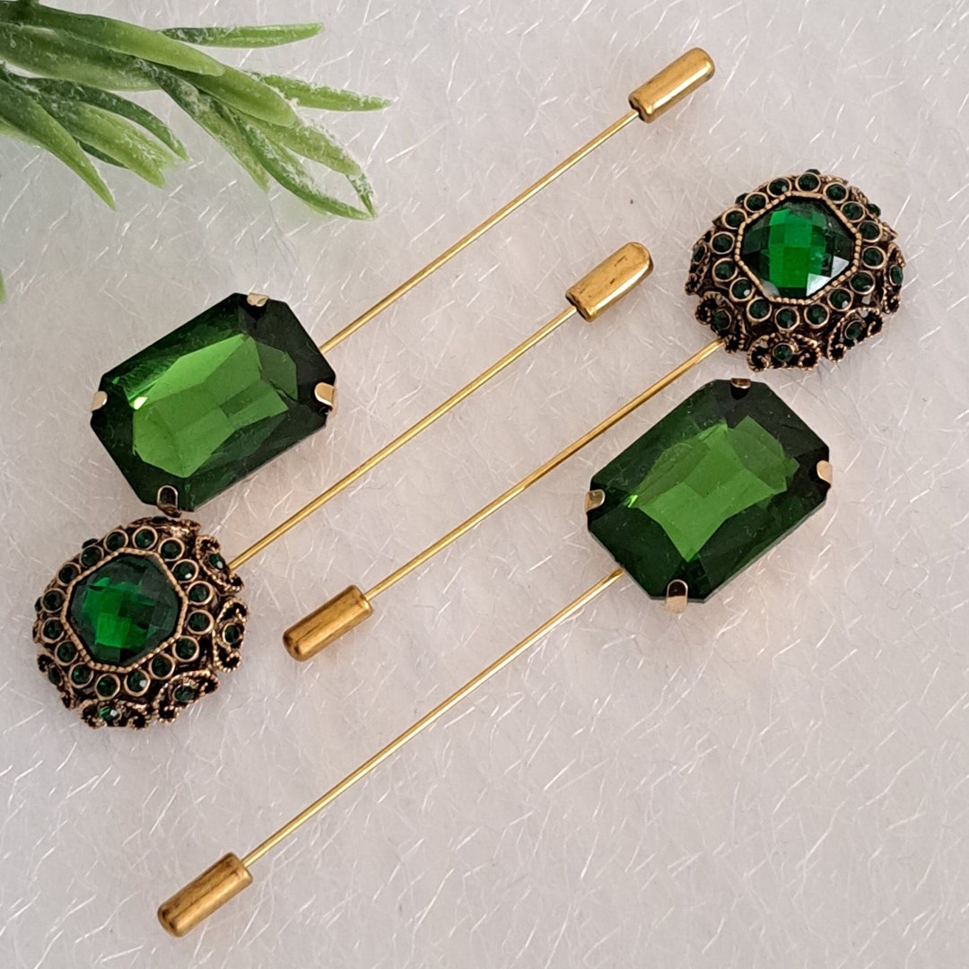 Gold Lapel Pin Stick: Emerald Rhinestone Brooch, Handmade EU - Etsy