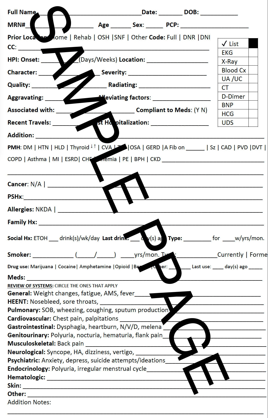 History and Physical Exam Template - Etsy