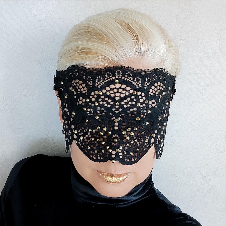 Black Lace Eye Mask With Gold Rhinestones, Half Face Mask, Lase ...