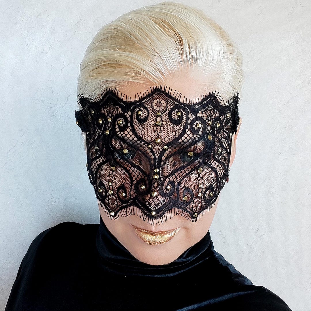 Black Lace Masquerade Mask With Gold Rhinestones, Half Face Mask, See ...