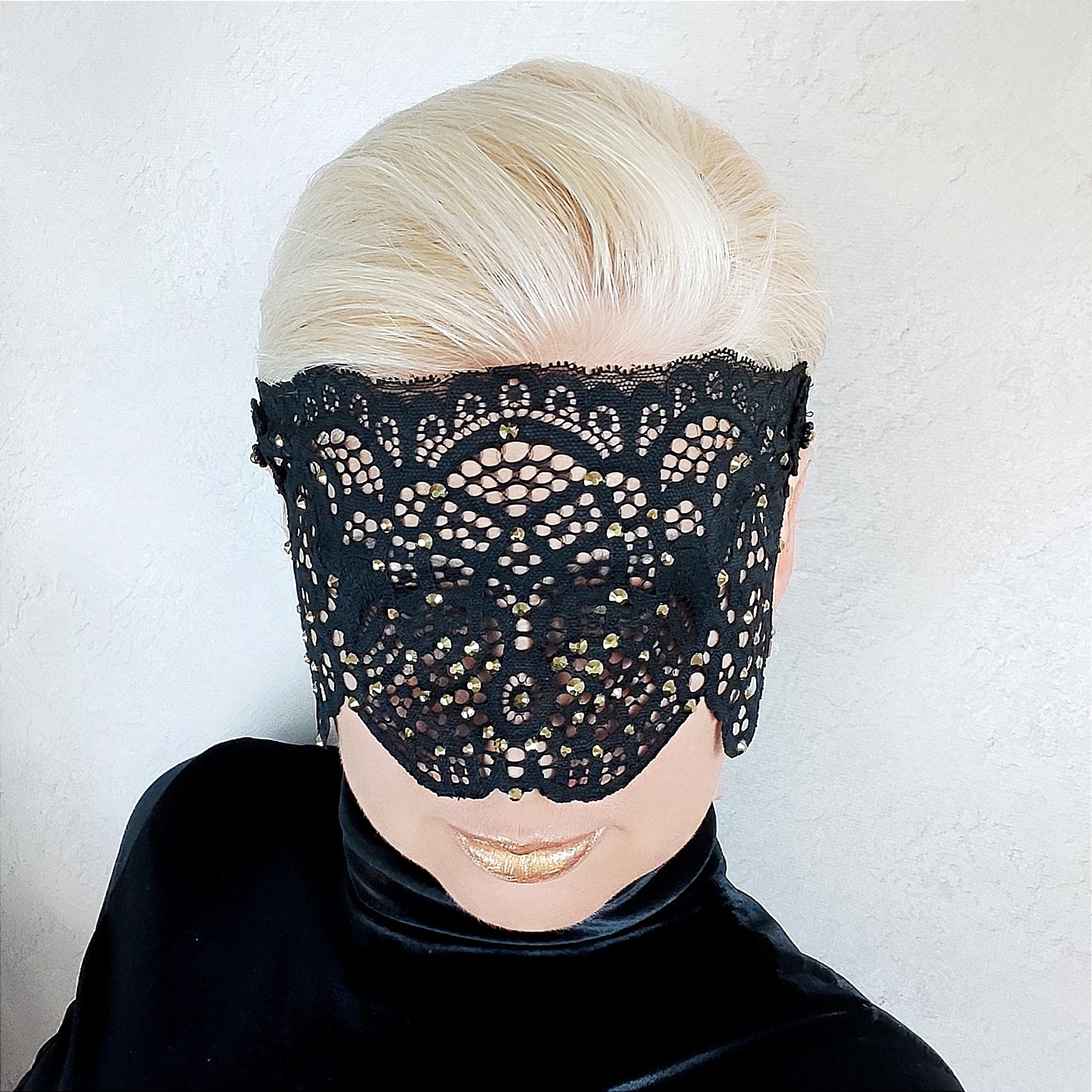 Black Lace Eye Mask With Gold Rhinestones, Half Face Mask, Lase ...
