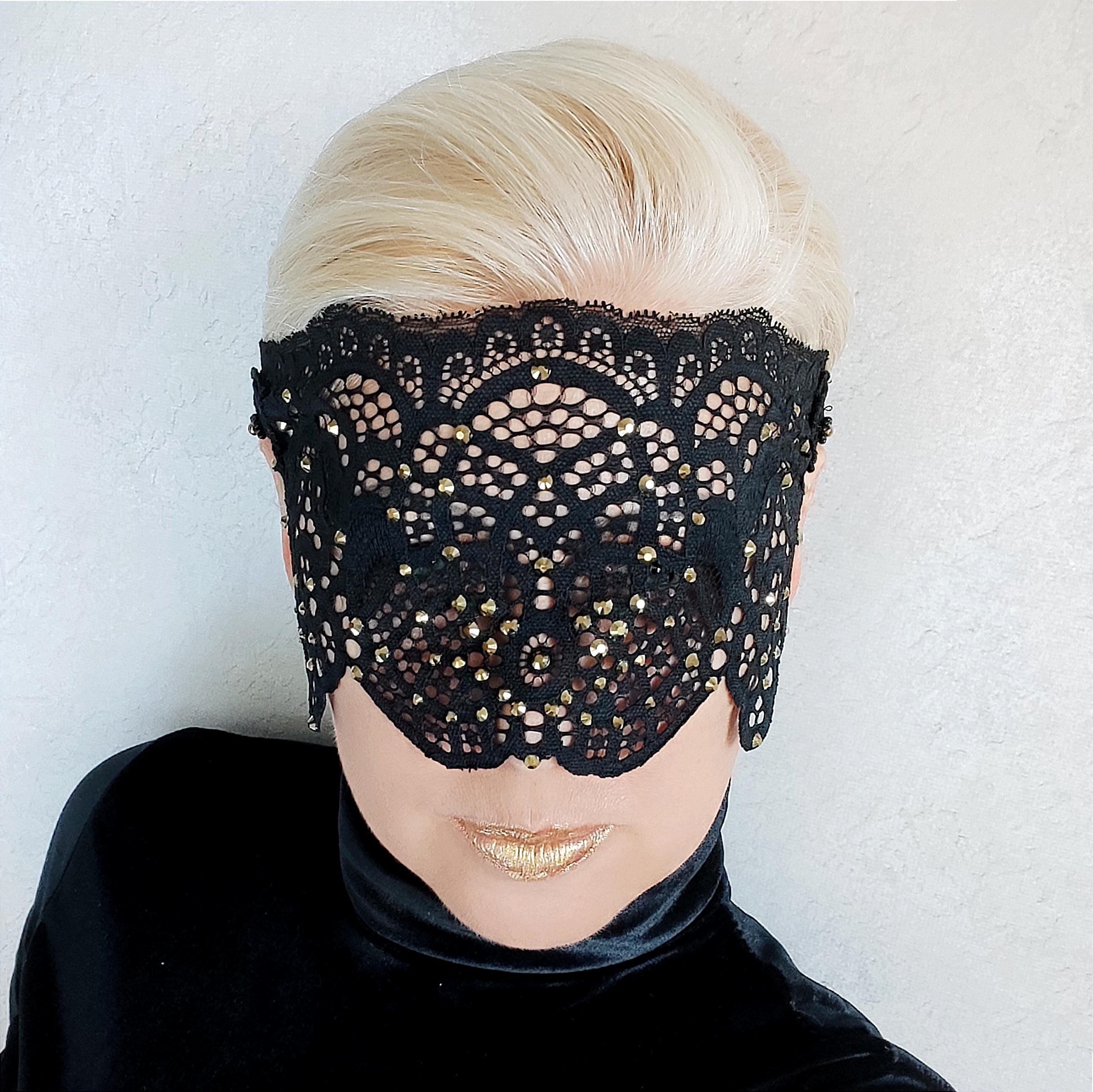 Black Lace Eye Mask With Gold Rhinestones, Half Face Mask, Lase ...