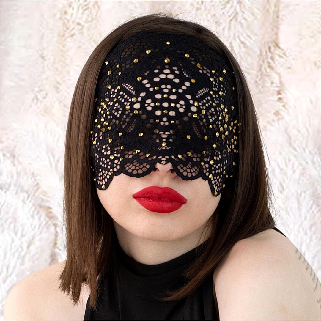 Full-face Black Lace Masquerade Mask With Gold Rhinestones — Halloween ...
